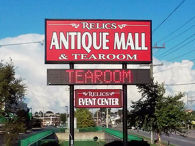 The iconic Relics sign stands tall, a beacon for treasure hunters and nostalgia seekers alike. Bonus: there's a tearoom for refueling!