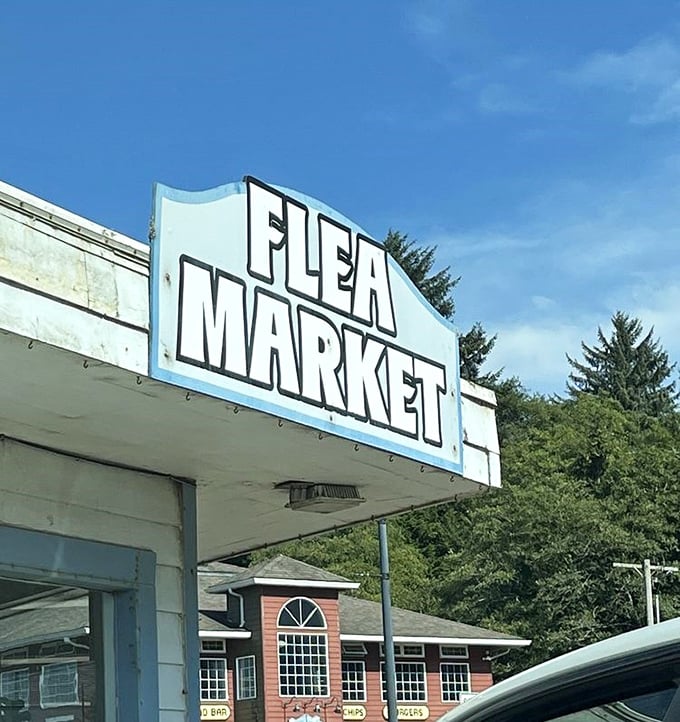 The siren call of treasure hunters everywhere&mdash;a simple blue and white sign against Oregon's evergreens promising adventures in secondhand shopping.