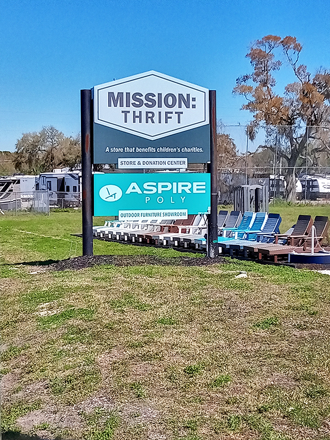 The promise of purpose on display. This roadside beacon announces not just bargains inside, but the chance to shop with meaning and impact.