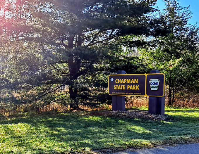 The welcoming sign that promises memories in the making. Chapman State Park &ndash; where cell service fades but family stories are born.
