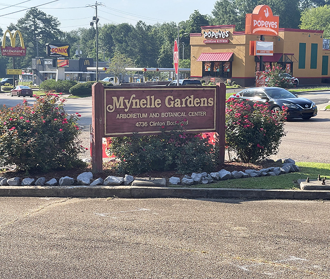The garden entrance sign, ironically flanked by fast food restaurants. From drive-thru chaos to botanical serenity in just a few steps!