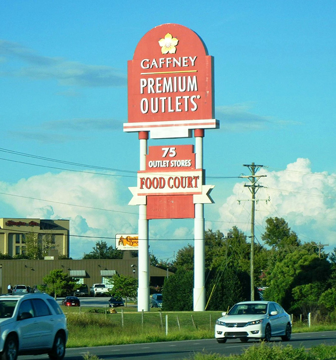 The towering Gaffney Premium Outlets sign &ndash; 75 stores of retail therapy that proves sometimes the best souvenirs from South Carolina are the ones you can wear.