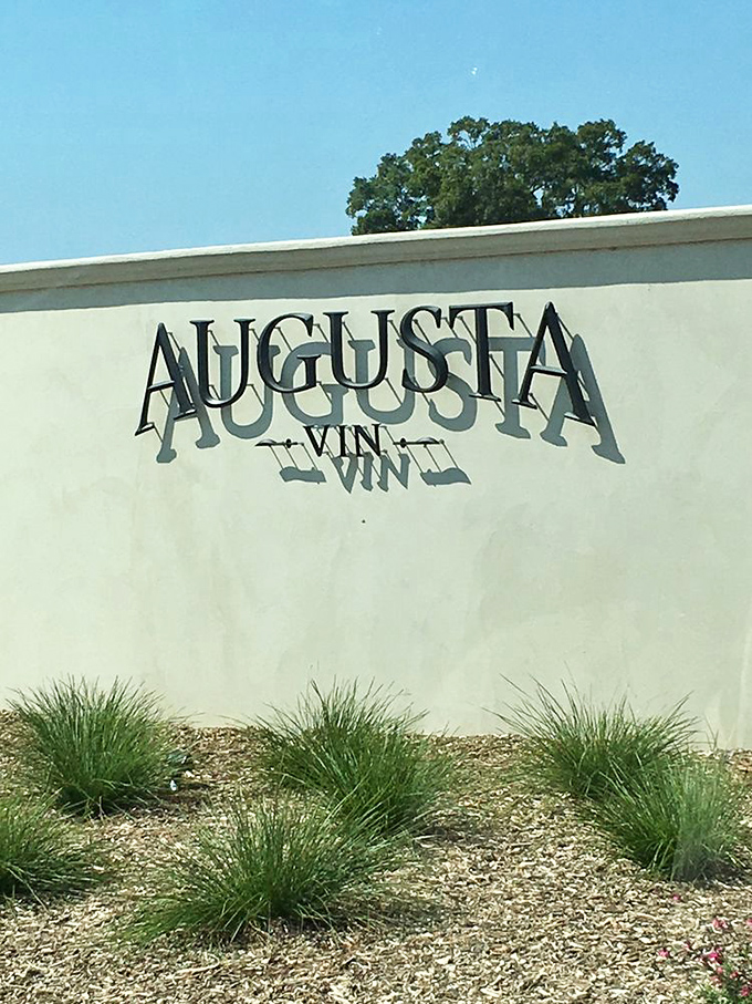 That moment when you realize you're not in Tuscany – the Augusta Vin sign standing proud against the Texas sky.