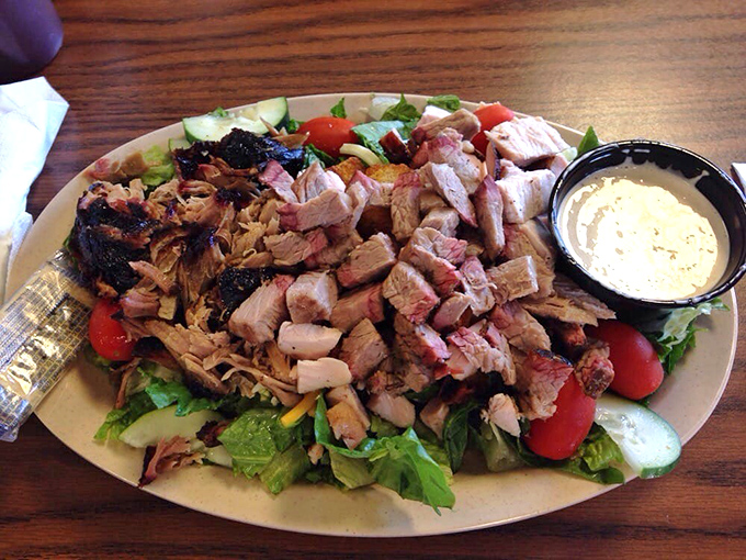 The smokehouse salad – where vegetables serve as the supporting cast to the real stars: smoked turkey and pork. Health food with benefits.