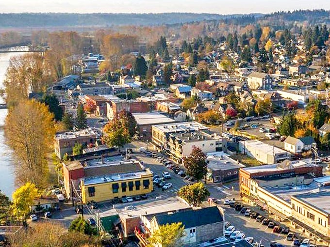 From above, Snohomish reveals itself as a perfect patchwork of historic buildings, autumn foliage, and the sinuous river that shaped it.