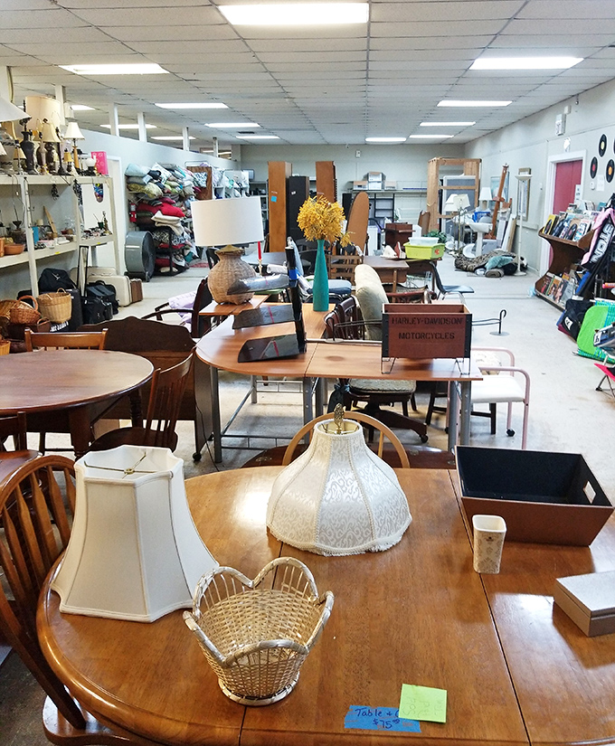 Tables, lamps, and chairs create an obstacle course of potential purchases that would make any interior designer's heart race.