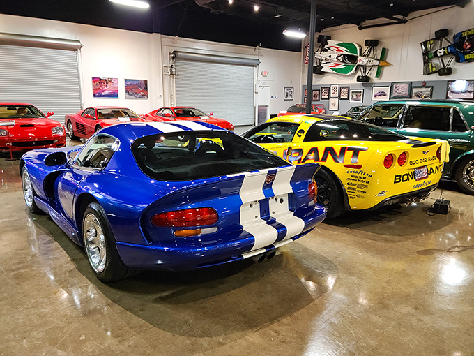 American muscle meets Italian elegance in this colorful showdown. The blue Viper and yellow Corvette look like superheroes ready for action.