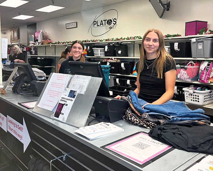 The front lines of fashion recycling, where friendly staff evaluate your castoffs and help others find their next favorite outfit.