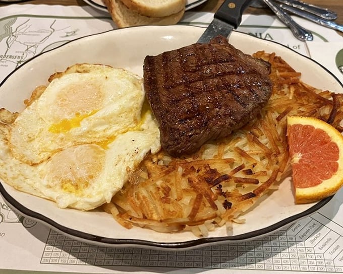 Steak and eggs&mdash;the breakfast of champions and long-haul truckers. Those hash browns are what potato dreams are made of.