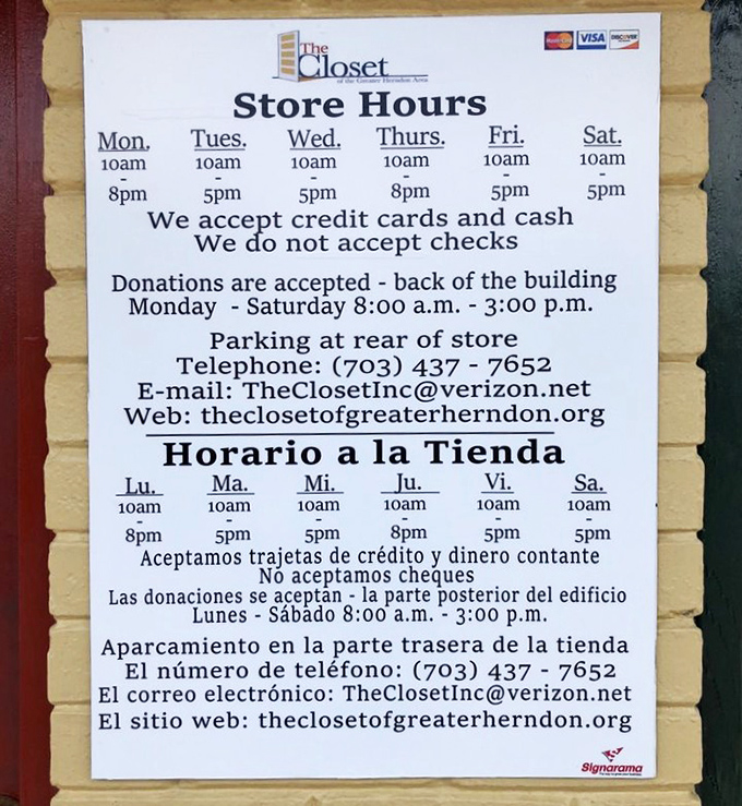 The bilingual store hours sign speaks volumes about The Closet's community spirit&mdash;serving bargain hunters in multiple languages, six days a week.