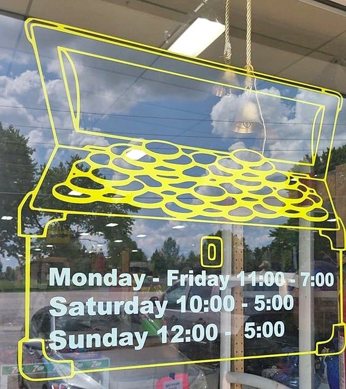 Even the hours sign has personality! This neon bench silhouette suggests you'll need somewhere to sit after exploring this treasure-filled wonderland.