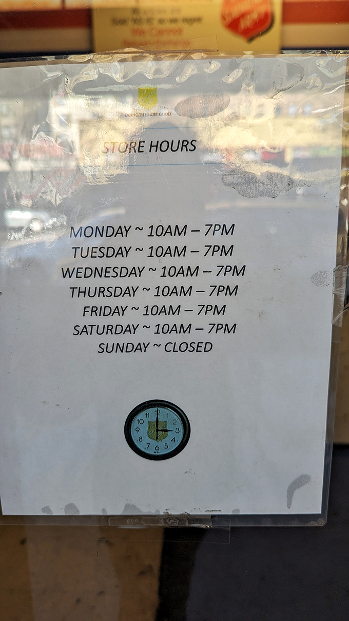 Store hours posted with the confidence of a place that knows you'll rearrange your schedule to hunt for that perfect vintage find.