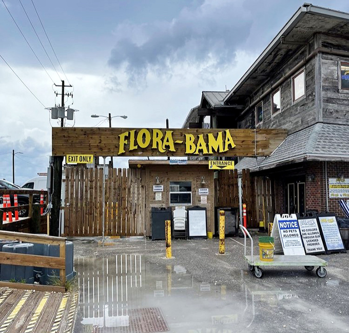 After storms both meteorological and metaphorical, the Flora-Bama entrance stands ready to welcome another day of borderline fun.