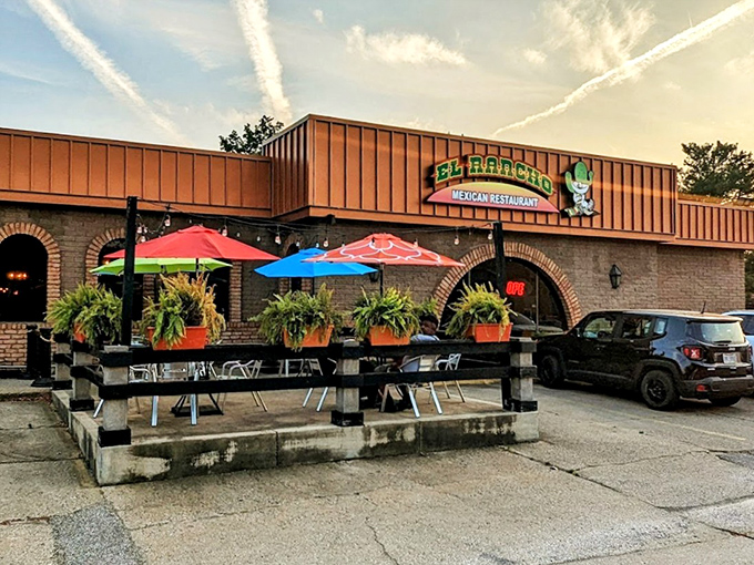 Sunset casts a golden glow on El Rancho's welcoming facade. Those colorful umbrellas stand ready for Ohio's brief but cherished patio season.
