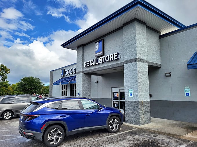 The storefront on a perfect South Carolina day, when the sky matches the Goodwill blue. Even the clouds seem to approve of sustainable shopping.