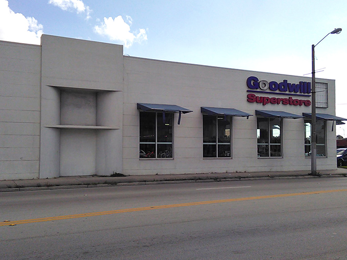 The Goodwill Superstore facade &ndash; an unassuming retail front that houses a world of possibilities for the savvy shopper.