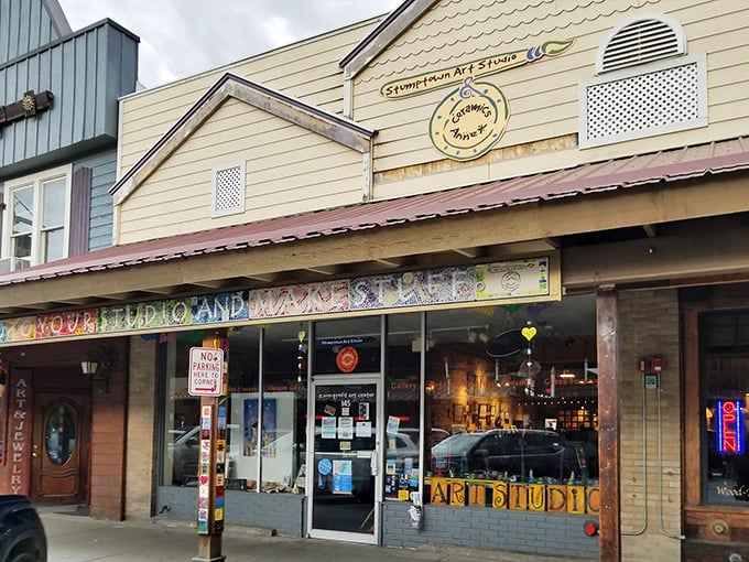 Stumptown Art Studio's colorful storefront hints at the creativity within, offering a splash of artistic expression amid Whitefish's natural beauty.