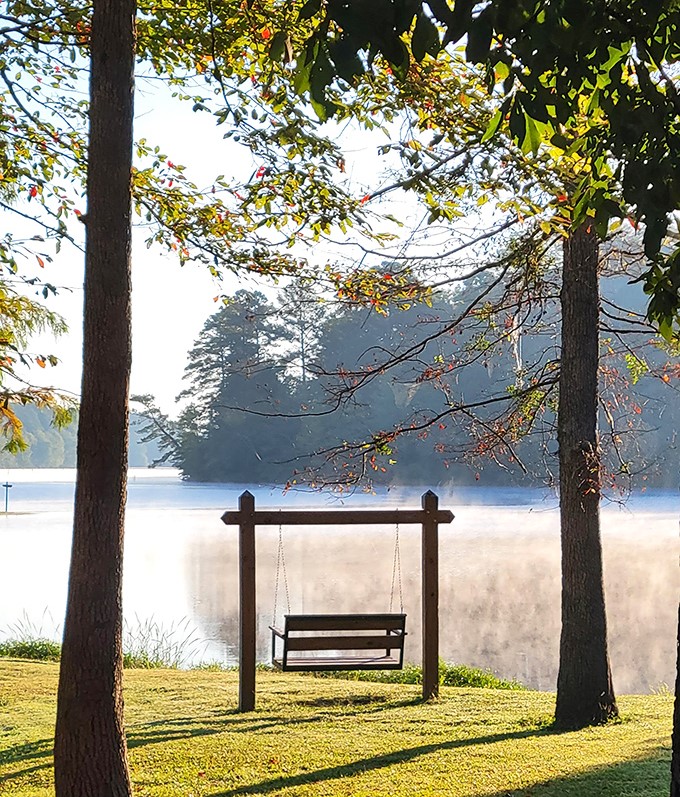 Morning mist embraces a lakeside swing &ndash; the perfect spot to contemplate life's big questions or simply watch the fog perform its disappearing act.