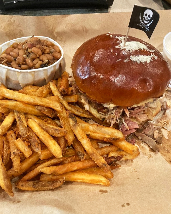 The pulled pork sandwich arrives with its own pirate flag &ndash; a fitting tribute to the treasure trove of flavor packed between that glossy brioche bun.