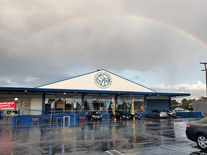 Even the weather celebrates great deals&mdash;a rainbow arches over this thrift store cathedral as if nature itself is pointing to bargain salvation.