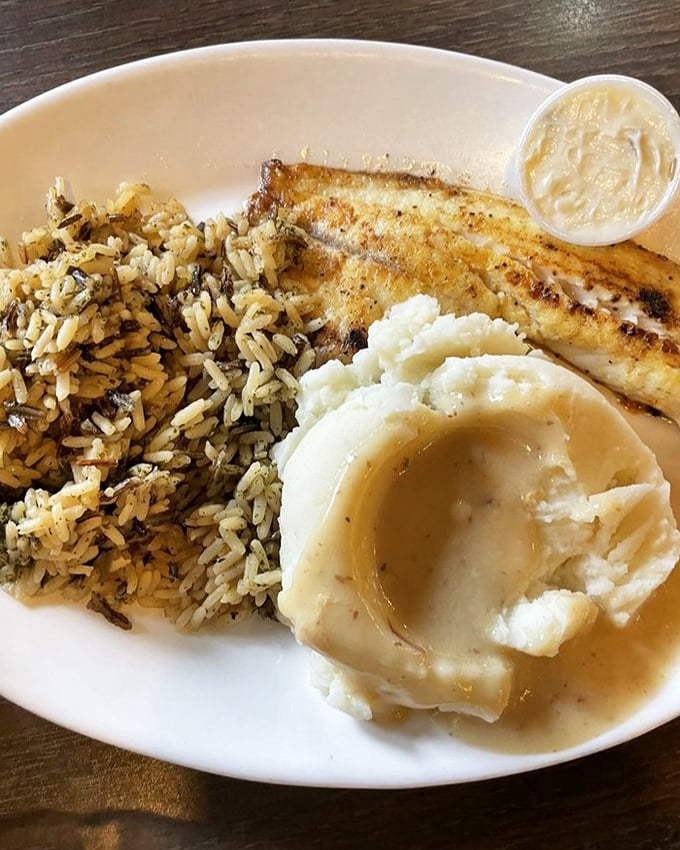 Fish that tastes like it was swimming this morning, not freezer-burned for months. The wild rice and mashed potatoes aren't competing&mdash;they're complementing.