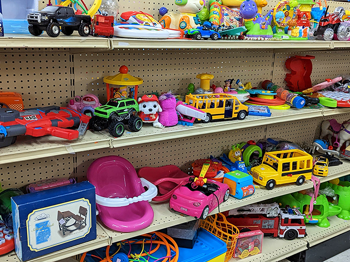 Toy paradise where childhood dreams cost pocket change. Those yellow school buses have imaginary passengers waiting for their next adventure.