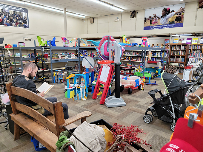 The toy section: where adults pretend they're shopping for kids while secretly reliving their childhood. That man's "just browsing" expression isn't fooling anyone.