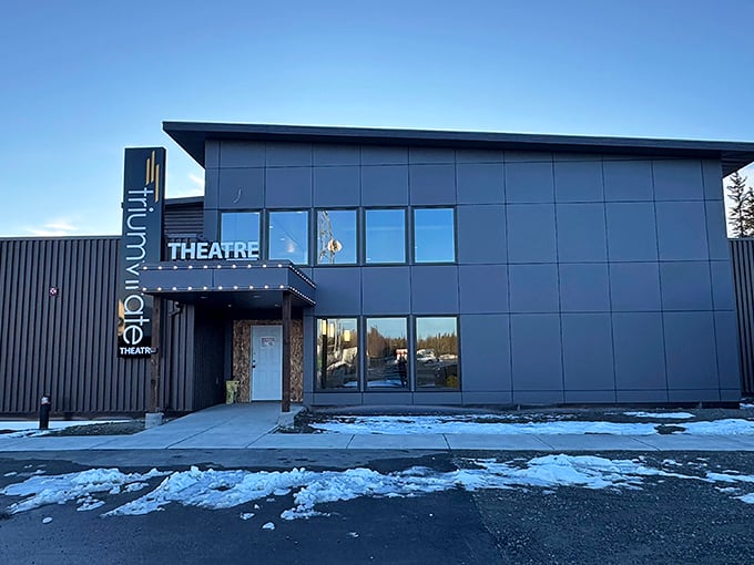 Modern meets wilderness at Kenai's theater. Culture thrives even where moose occasionally wander through the parking lot.