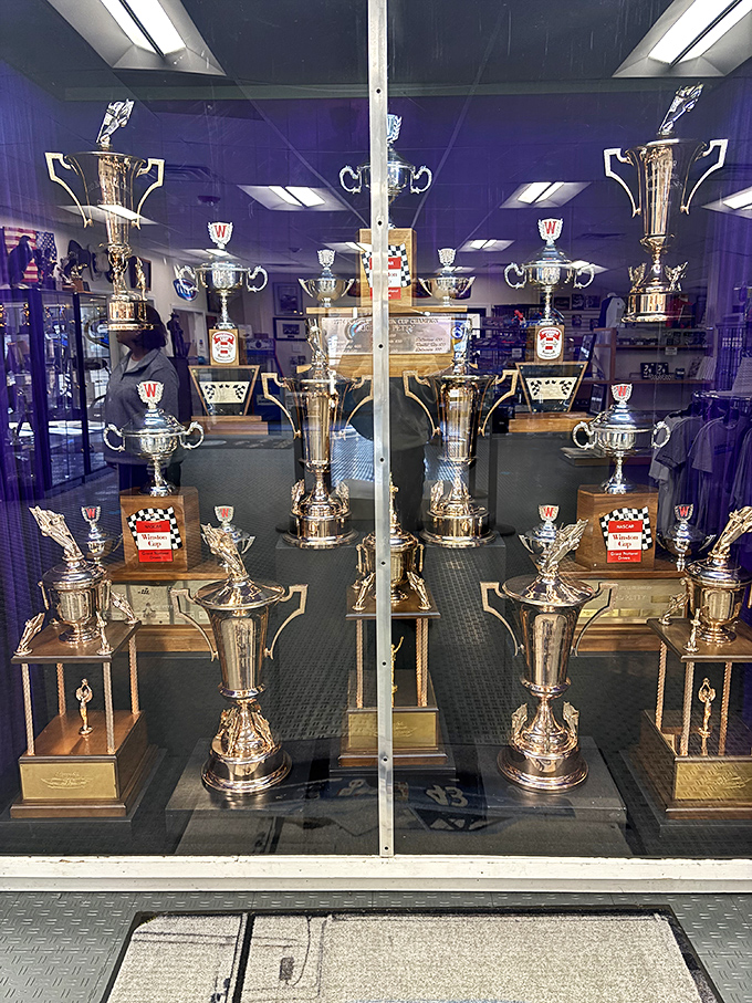 Victory in silver and gold. These gleaming trophies represent countless checkered flags, champagne celebrations, and racing milestones.