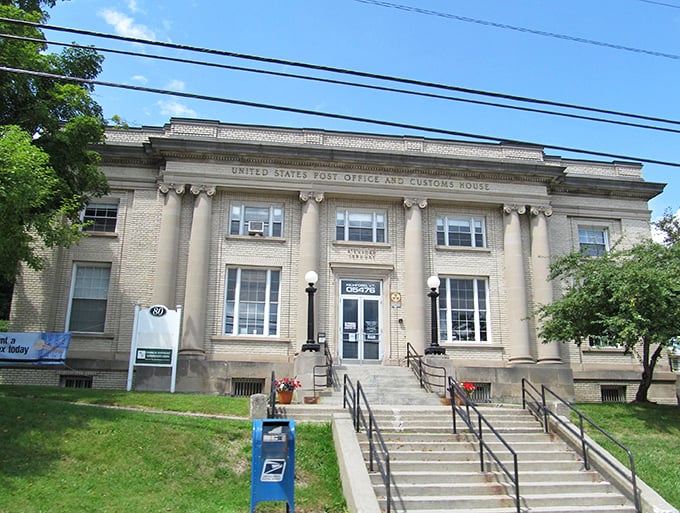 The stately Post Office and Customs House reflects Richford's border town status, where two nations meet in architectural grandeur.