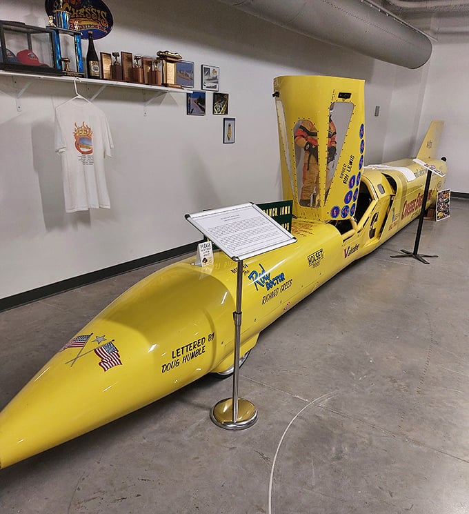 The sleek yellow Vesco 444 Little Giant Streamliner proves Iowa's connection to speed runs deeper than cornfield drag races and small-town speed traps.