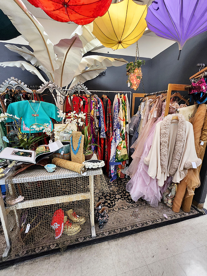 Vintage clothing that proves fashion is truly cyclical. Those colorful umbrellas aren't just decor&mdash;they're setting the stage for wearable art below.