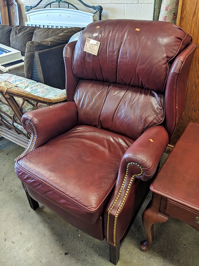 This leather recliner has stories to tell. For the price of a fancy dinner, you could be listening to them in your living room by tonight.