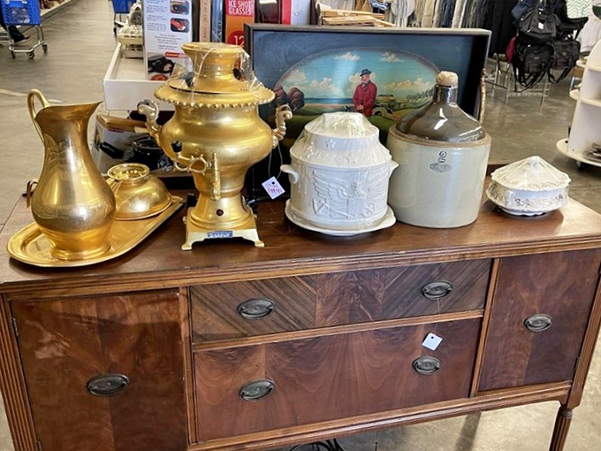 Time capsule on a sideboard&mdash;brass, ceramic, and history arranged artfully atop wood that's seen more decades than most of us.