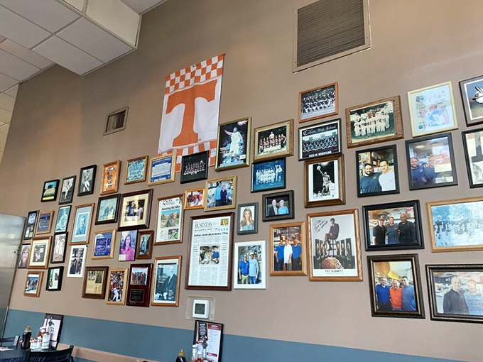 The Wall of Fame&mdash;where local heroes, Tennessee sports legends, and loyal customers share space in Pete's breakfast hall of history.