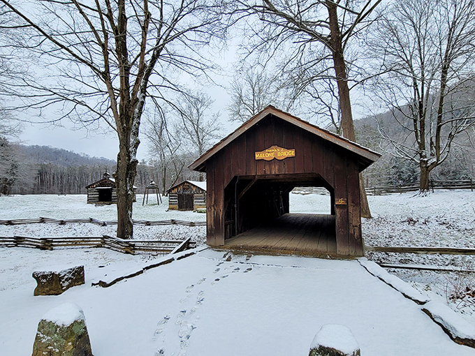 Winter transforms Pioneer Village into a snow globe come to life. That covered bridge has seen centuries of snowfalls and still stands ready.