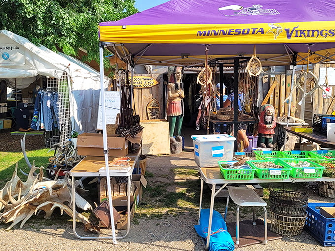 The Vikings-themed tent proves Minnesota pride runs deep, offering everything from dreamcatchers to deer antlers under the purple and gold canopy.
