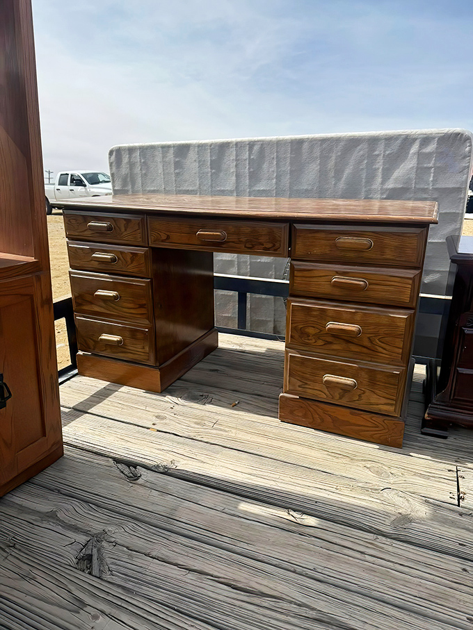 This solid wood desk has weathered decades of homework, letters, and perhaps a novel or two&mdash;ready for its second chapter in a new home.