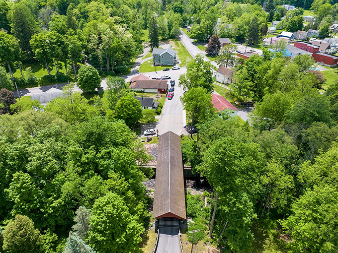 From above, you can appreciate how the bridge connects the community in more ways than one&mdash;a living piece of history nestled among modern homes.