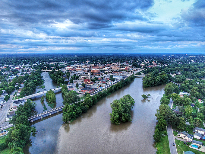 Where two rivers meet, a town thrives&mdash;this aerial view showcases Logansport's perfect positioning at the confluence of the Wabash and Eel Rivers.