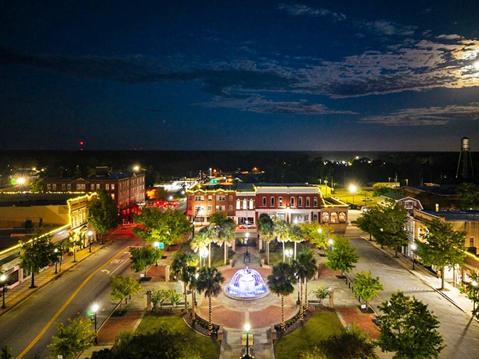 Swainsboro's downtown transforms into a magical lightscape at night, proving small towns know how to shine.