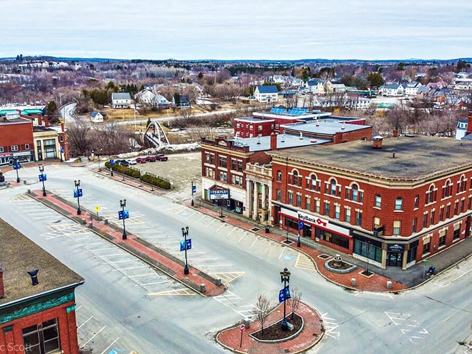 Aerial view reveals Houlton's perfect small-town proportions. From up here, you can almost see what America looked like before we supersized everything.