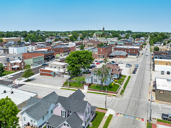 From above, Jasper reveals itself as a perfectly balanced small town where tree-lined streets connect neighborhoods to a thriving downtown core.
