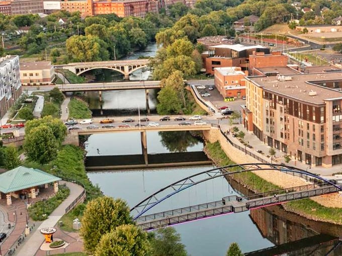 From above, Eau Claire's bridges connect more than just riverbanks&mdash;they link neighborhoods, histories, and futures in this affordable riverside gem.