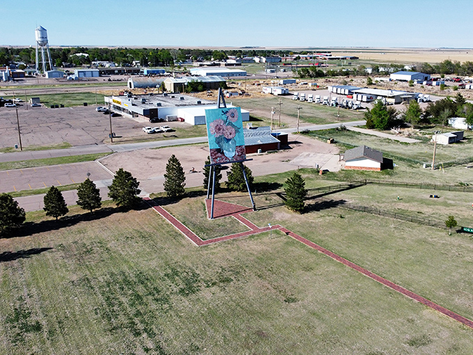 From above, the easel's true scale becomes apparent. Like a massive exclamation point on the landscape declaring, "Art happens here!"