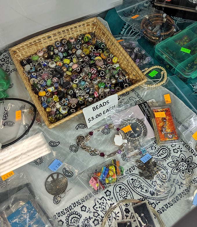 A treasure trove of beads awaits creative hands. Each colorful sphere holds the potential for jewelry magic at just $3 a pop.