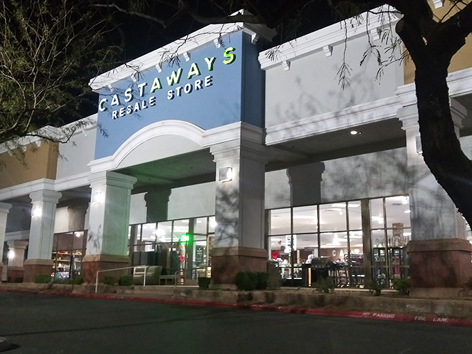 As night falls, Castaways glows like a beacon for bargain hunters. Tomorrow's treasures await behind those illuminated windows&mdash;what will you discover?