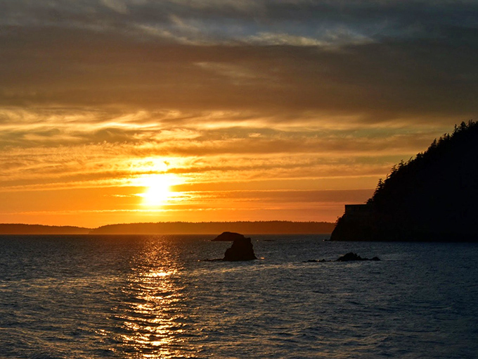 As the sun bids farewell, Larrabee's shoreline transforms into a canvas of gold and amber—nature's way of saying "come back tomorrow."