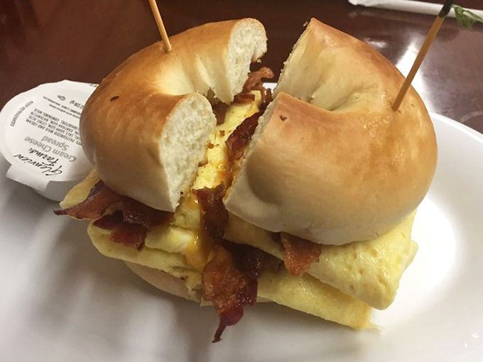 When a breakfast sandwich looks like this, hitting snooze becomes the day's biggest regret. That bagel deserves your full attention.
