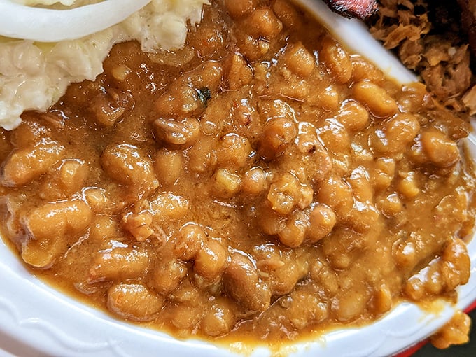 These baked beans have clearly been hanging out with the brisket. What happens in the smoker stays in the smoker, but the flavor tells all.
